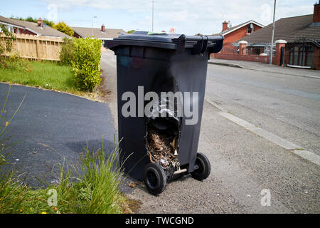 fire damaged wheelie bin left sitting on a uk street Stock Photo - Alamy