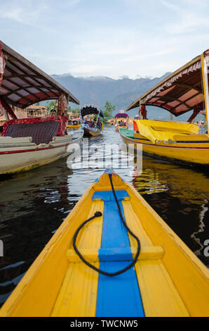 A boat riding in a lake between green trees on a sunny day Stock Photo ...