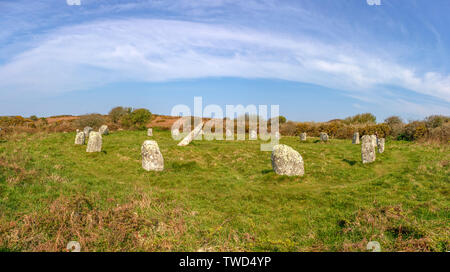 The ancient stone circle, Boscawen-Un near St. Buryan, West Cornwall ...