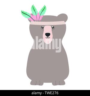 bear grizzly with feathers hat bohemian style vector illustration ...
