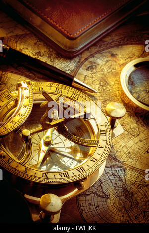 Old navigational instruments. Vintage telescope, sextant and quadrant ...