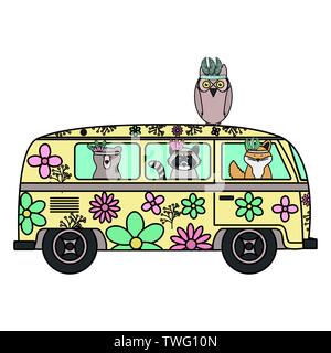 owl bird with feathers hat and van bohemian style vector illustration ...