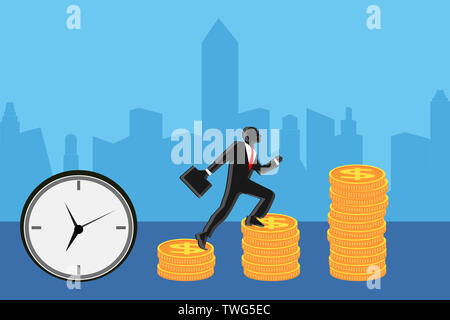 A running business man, clock with gold coins, modern urban ...