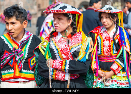 Portrait of two indigenous Quechua women in traditional clothing during ...