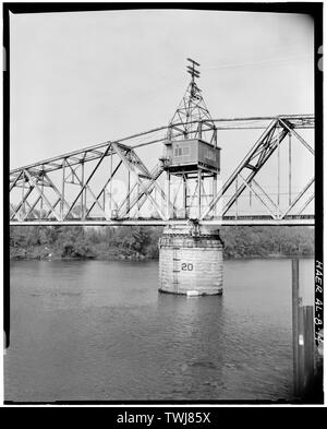 Showing partial side view of swing bridge in open position. The ...