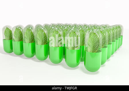 Three dimensional rendering, green capsule with pure white background ...