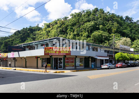 Storefronts in downtown Quepos, Puntarenas Province, Costa Rica Stock ...