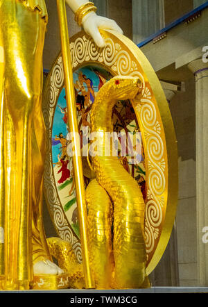 Full scale replica of Athena Parthenos statue holding statue of goddess Nike inside Parthenon in ...