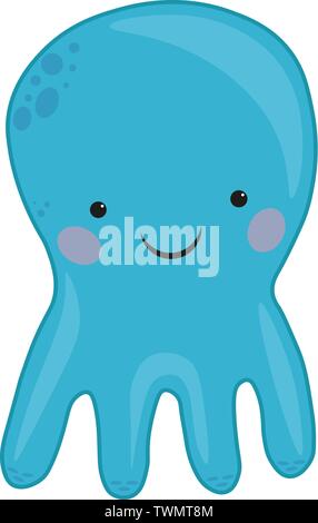 Cute cartoon blue octopus with fish and starfish. Children's ...