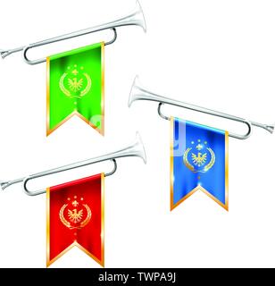 Antique royal horn - trumpet with triumphant flag, triumph concept ...