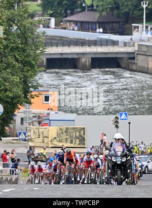 22/06/2019. Minsk. Belarus. The peleton start the climb up the cobbled ...