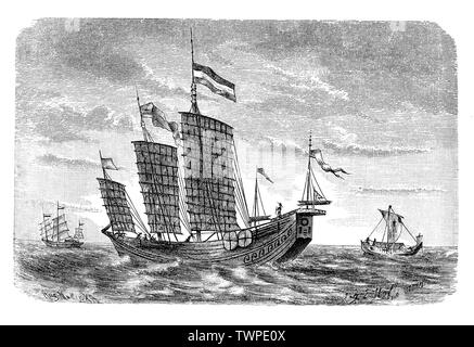 Engraving of a Chinese Junk, an ancient Chinese sailing ship design ...