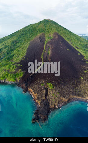 Aerial view of Banda Neira island with village and bay, Maluku ...