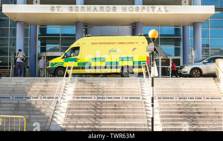 St Bernards Hospital, Gibraltar, with High Dependency ambulance outside ...
