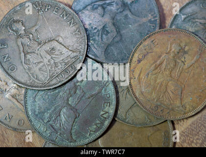 Old British one penny coins Stock Photo - Alamy