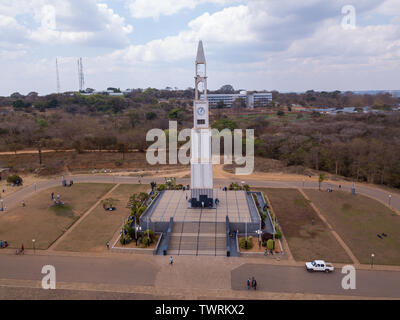 Statue of DR Kamuzu Hastings Banda in front of the Memorial tower to ...