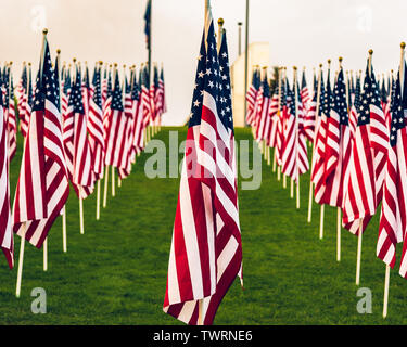 Close up of rows of flags of united states of america on white ...