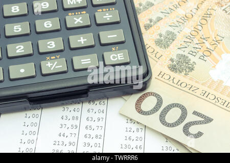 Closeup of polish banknotes, pencil and calculator on spreadsheet Stock ...