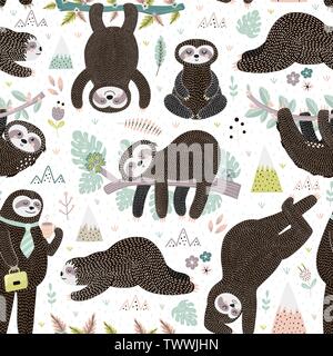 Cute cartoon sloths. Adorable rainforest animals, mother and baby on ...