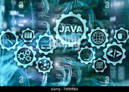 Java Programming concept. Virtual machine. On server room background ...