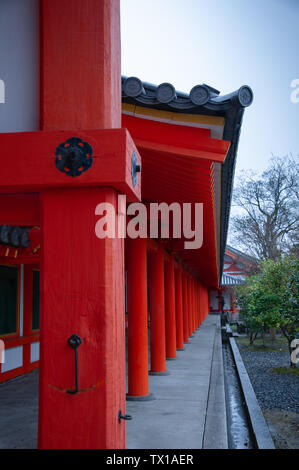 Traditional Japanese architecture, red painted pillars and decorative ...