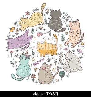 Circle shape print with funny cats. Coloring page with feline ...
