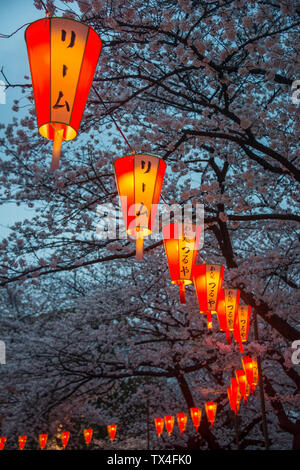 Japan in evening with illuminated hanging lantern lamp light on wooden ...