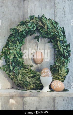 DIY Easter chicken in an eggshell. Beige background, concept. Isolate ...