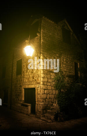 Night walk through ancient medieval town Stari grad on Hvar island in ...