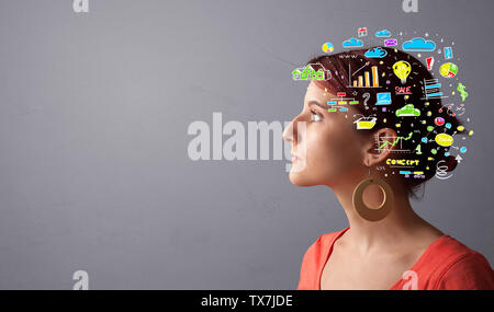 Head with office operation concept, colorful graphs, charts and icons ...