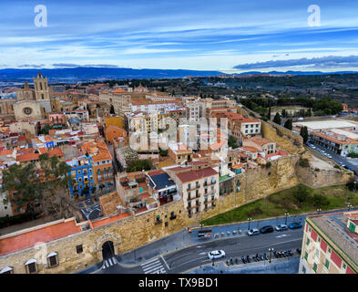 Air view of the gate in the stone wall of the medieval city. Tarragona ...
