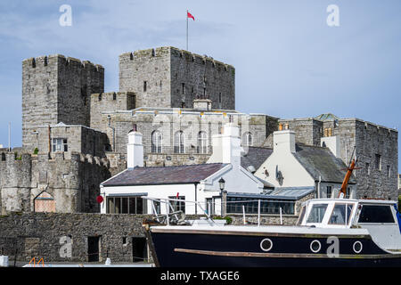 Medieval Castle Rushen in historic old town. Market Square, Castletown ...