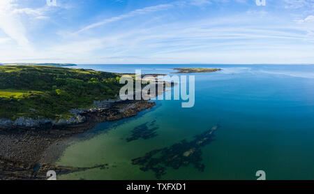 Aerial view of Knockbrex beach, near Borgue, Dumfries & Galloway ...