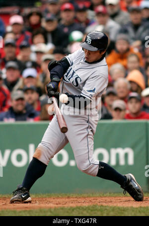 Tampa Bay Rays batter Akinori Iwamura pops out in the second inning against the Boston Red Sox ...