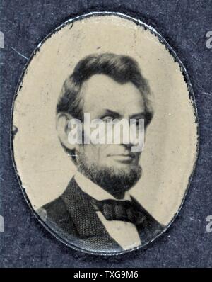 Photograph of a campaign button with portrait of Abraham Lincoln and ...