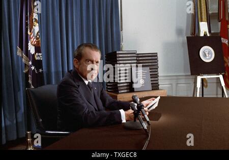 President Richard Nixon at his Oval Office desk on his first full day ...