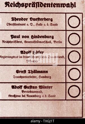Voting paper (ballot) from the German election of 1932. Shows name of ...