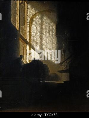 Painting titled 'A Man seated reading at a Table in a Lofty Room' by a ...