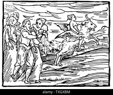 The Devil, in form of a flying goat, carrying a witch to the Sabbath ...