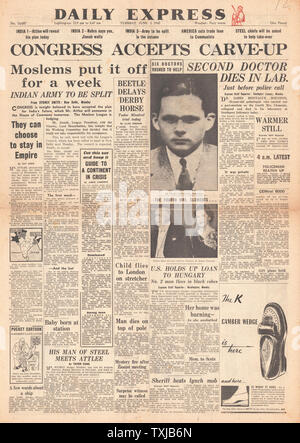 1947 Daily Express newspaper front page Princess Elizabeth marries ...