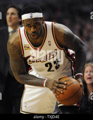 Cleveland Cavaliers' LeBron James looks at the scoreboard during Game 5 ...