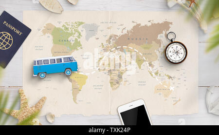 World map with drawn route, top view. Itinerary concept Stock Photo - Alamy