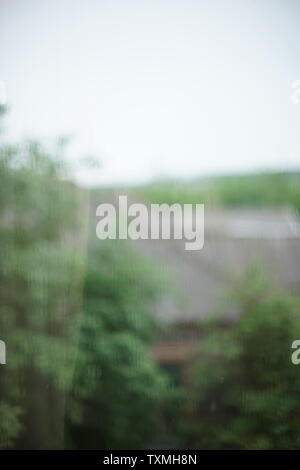 Drops of rain on the window. Unfocused autumn landscape with forest ...