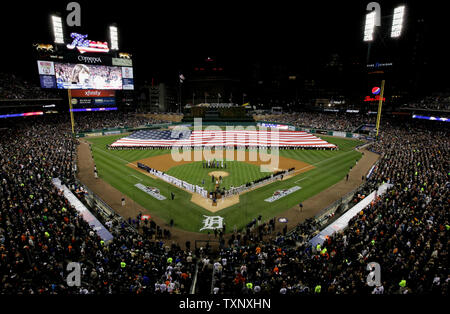 An American flag is unfurled before the World Cup Group D soccer match ...