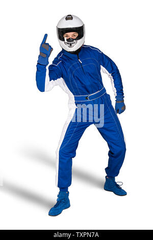 race driver in blue overall with helmet training on simracing aluminum ...