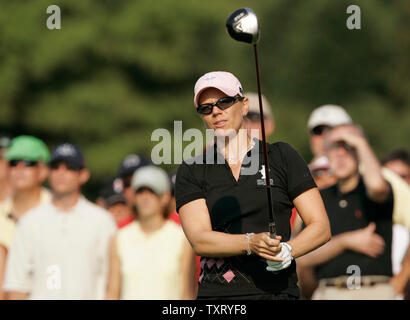 Annika Sorenstam, of Sweden, tees off on the ninth hole during the ...