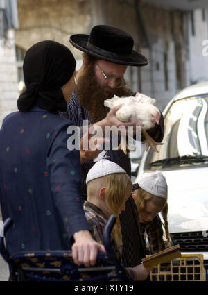 An ultra Orthodox Jewish man waves a chicken over his child's heads ...