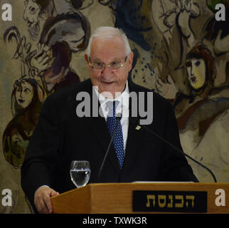 Israel's President Reuven Rivlin speaks during a a foundation stone-laying ceremony for a ...