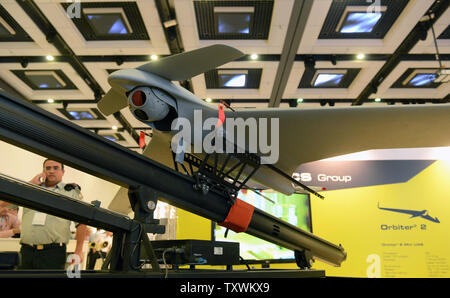 Israeli military personnel look at the Orbiter 3 unmanned aerial ...