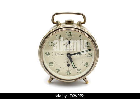 Vintage Peter, made in Germany metal metallic alarm clock, isolated on ...